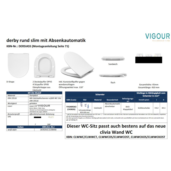 VIGOUR DERBY WC-Sitz slim mit Absenkautomatik und TakeOff Funktion, w ...